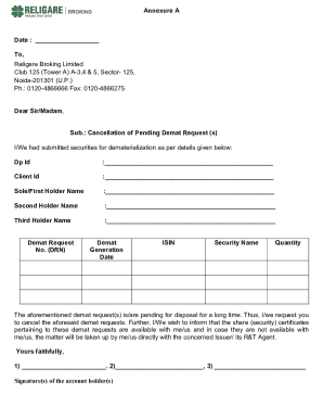 Fillable Online Religare - Cancellation of Pending Demat Request (s ...