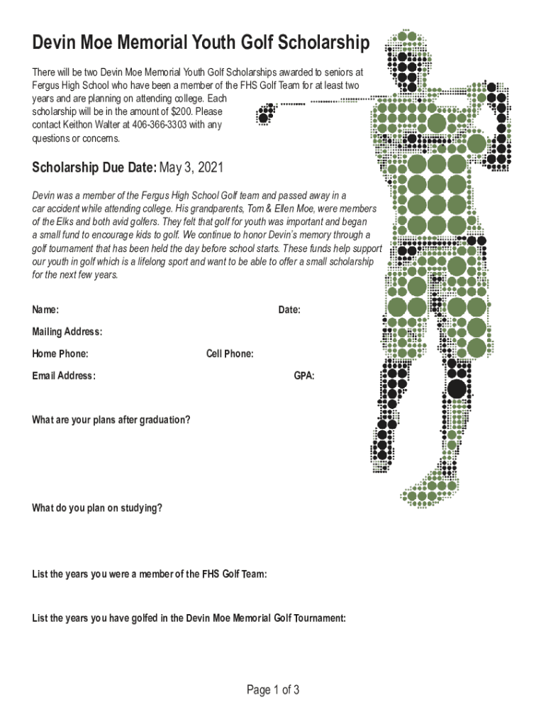 Fillable Online Devin Moe Memorial Youth Golf Scholarship - Fergus High ...