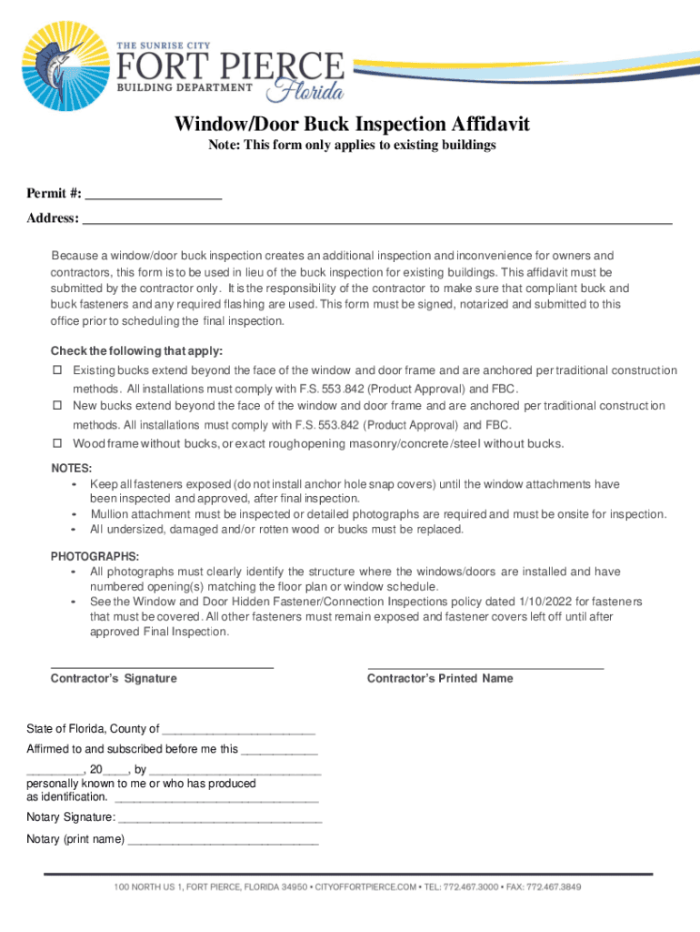 Fillable Online Window/Door Buck Inspection Affidavit - City of Fort ...