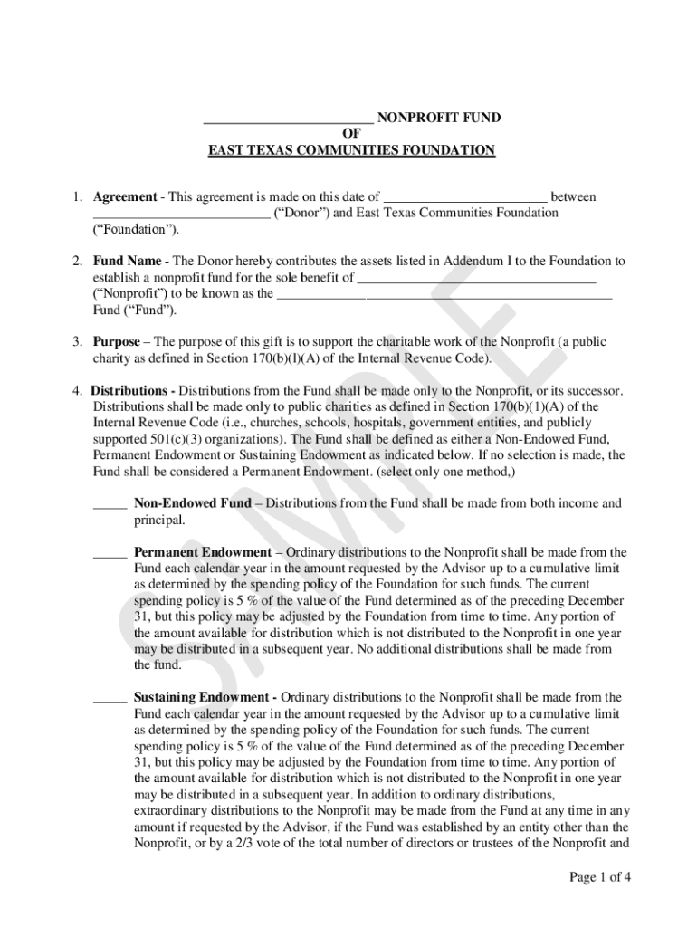 Fillable Online AGREEMENT FOR ESTABLISHING NONPROFIT ENDOWMENT FUND Fax Email Print - pdfFiller