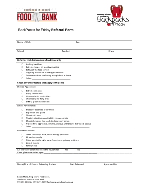 Fillable Online BackPacks for Friday Referral Form Fax Email Print ...