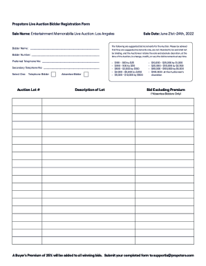 Fillable Online Prop Store Live Auction Bidder Registration Form Sale Name Fax Email Print ...