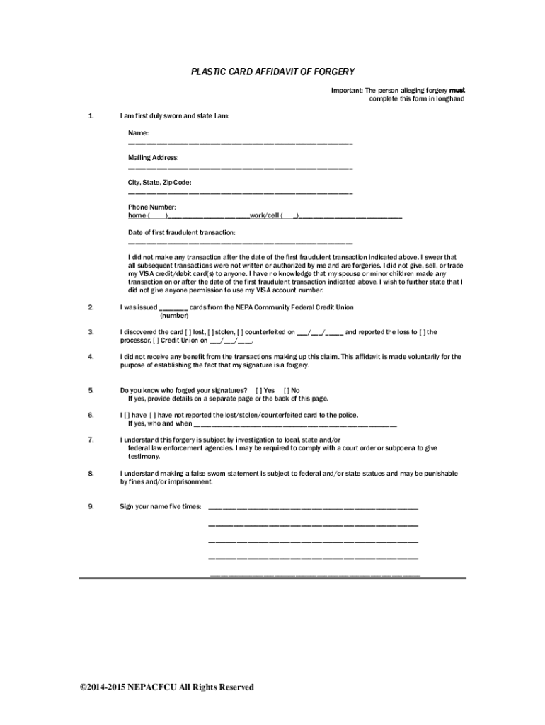 Fillable Online PLASTIC CARD AFFIDAVIT OF FORGERY - NE PA Credit Union ...