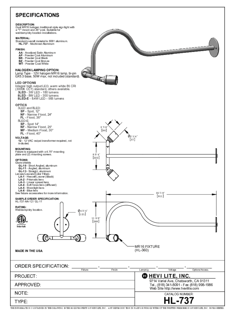 Fillable Online HL737 SPEC SHEET - Hevi Lite Fax Email Print - pdfFiller