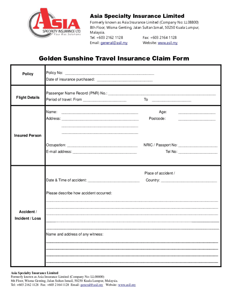 Fillable Online Golden Sunshine Travel Insurance Claim Form Fax Email ...