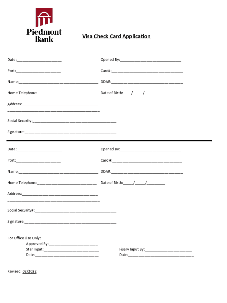 Fillable Online Visa Check Card ApplicationPiedmont Bank Fax Email ...
