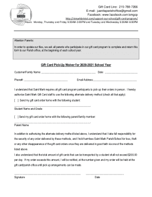 Fillable Online Gift Card Pick-Up Waiver for 2020-2021 School Year Fax ...