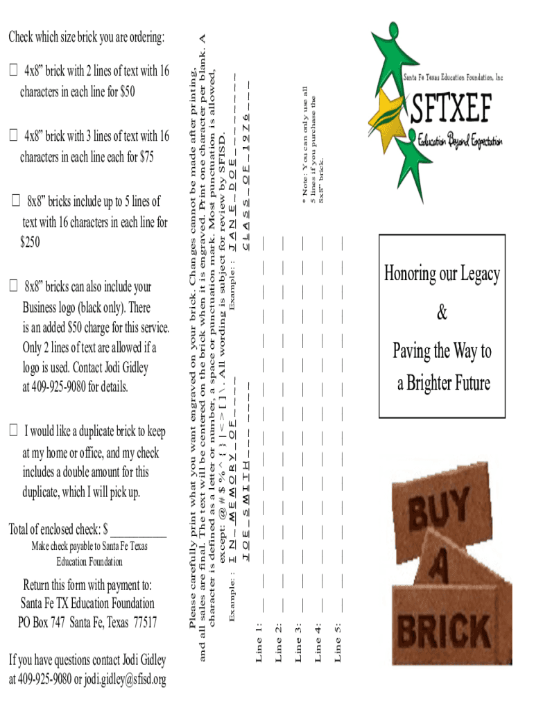 Fillable Online 4x8 brick with 2 lines of text with 16 - Santa Fe ISD ...