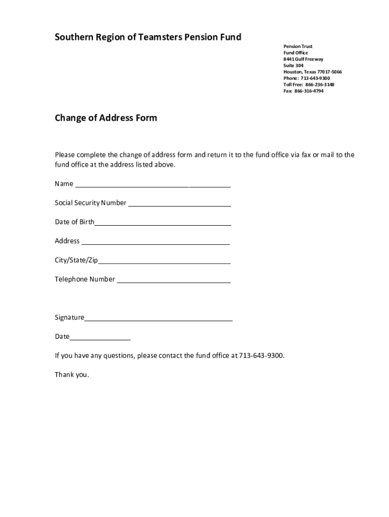 Fillable Online Southern Region Of Teamsters Pension Fund Change Of
