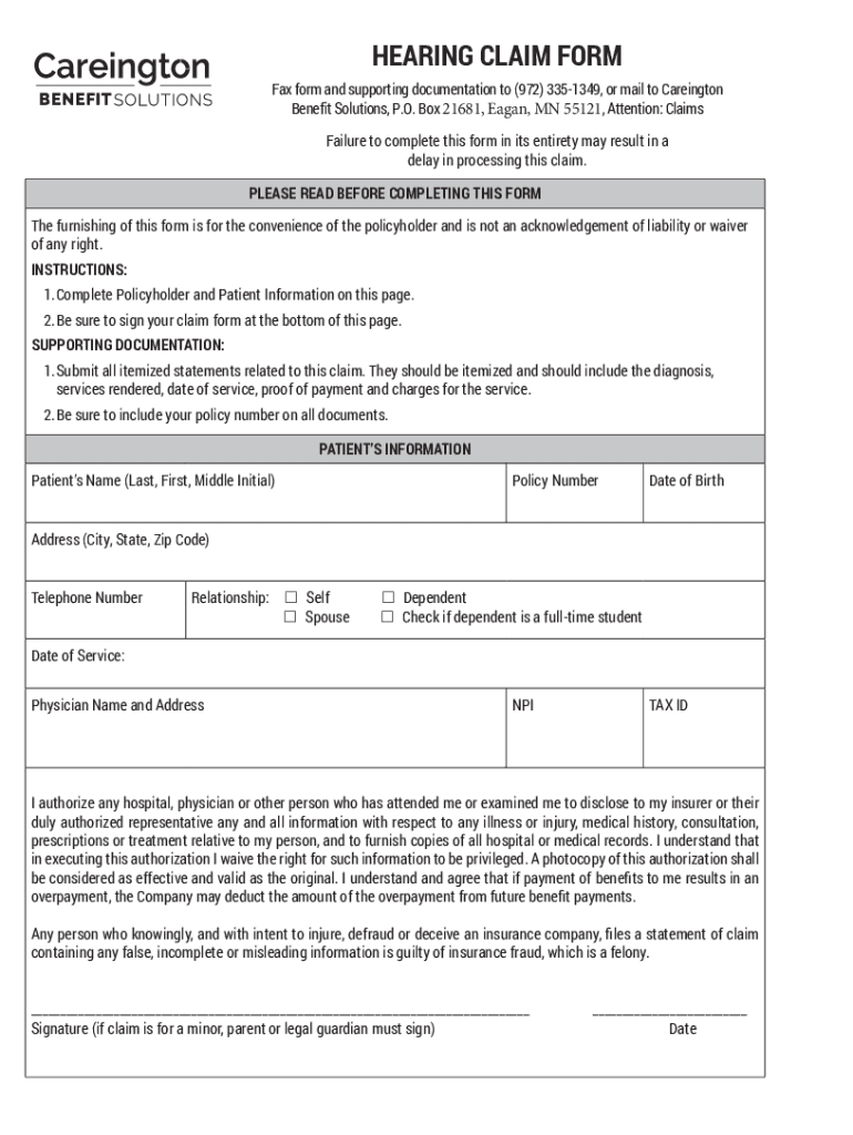 Fillable Online VISION AND HEARING CLAIM FORM - Careington Fax Email ...