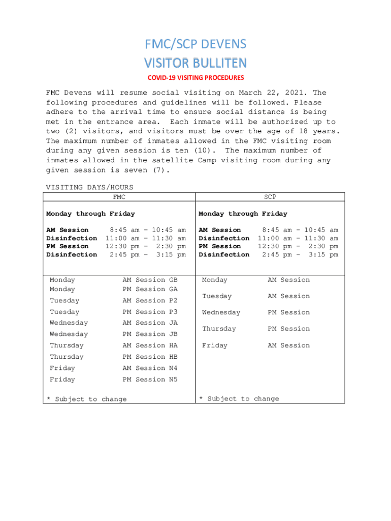 Fillable Online FMC/SCP DEVENS VISITOR BULLITEN Fax Email Print - pdfFiller