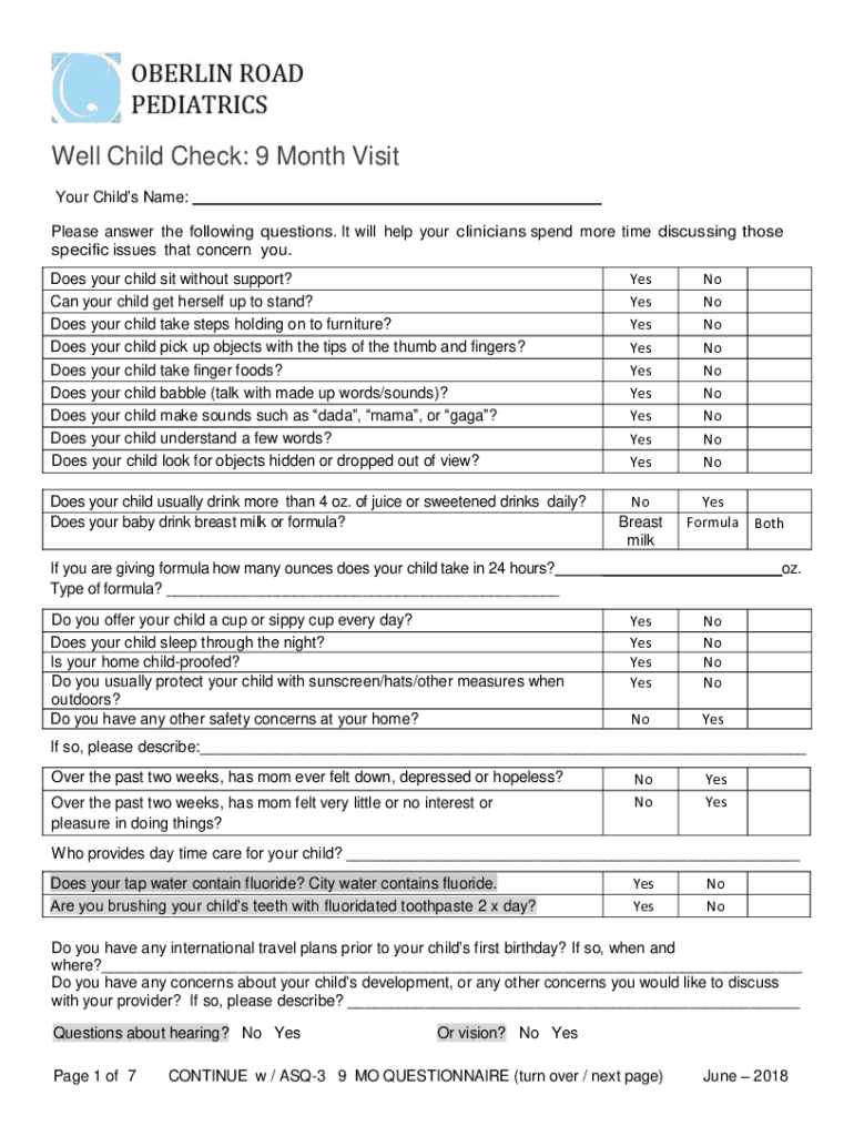 Fillable Online Your Child's Checkup: 9 Months (for Parents) - Kids ...