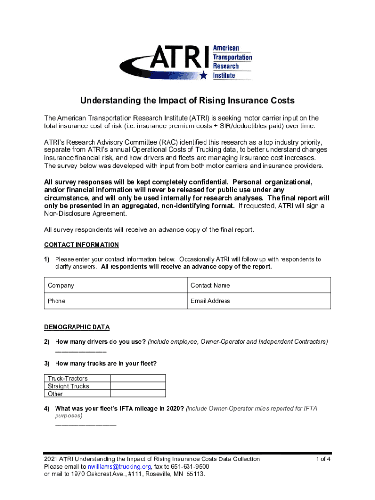 Fillable Online ATRI Survey: The Impact of Rising Insurance Costs In ...