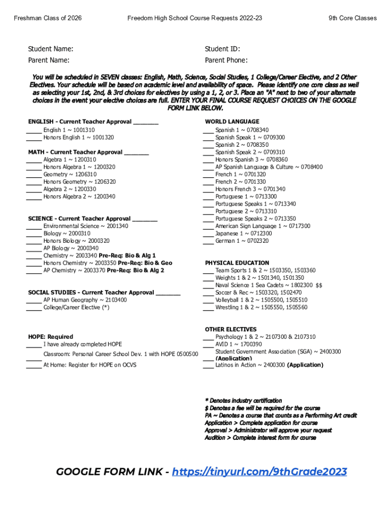 Fillable Online Freshman Course Request 2022-23 WORKSHEET.xlsx Fax Email Print - pdfFiller