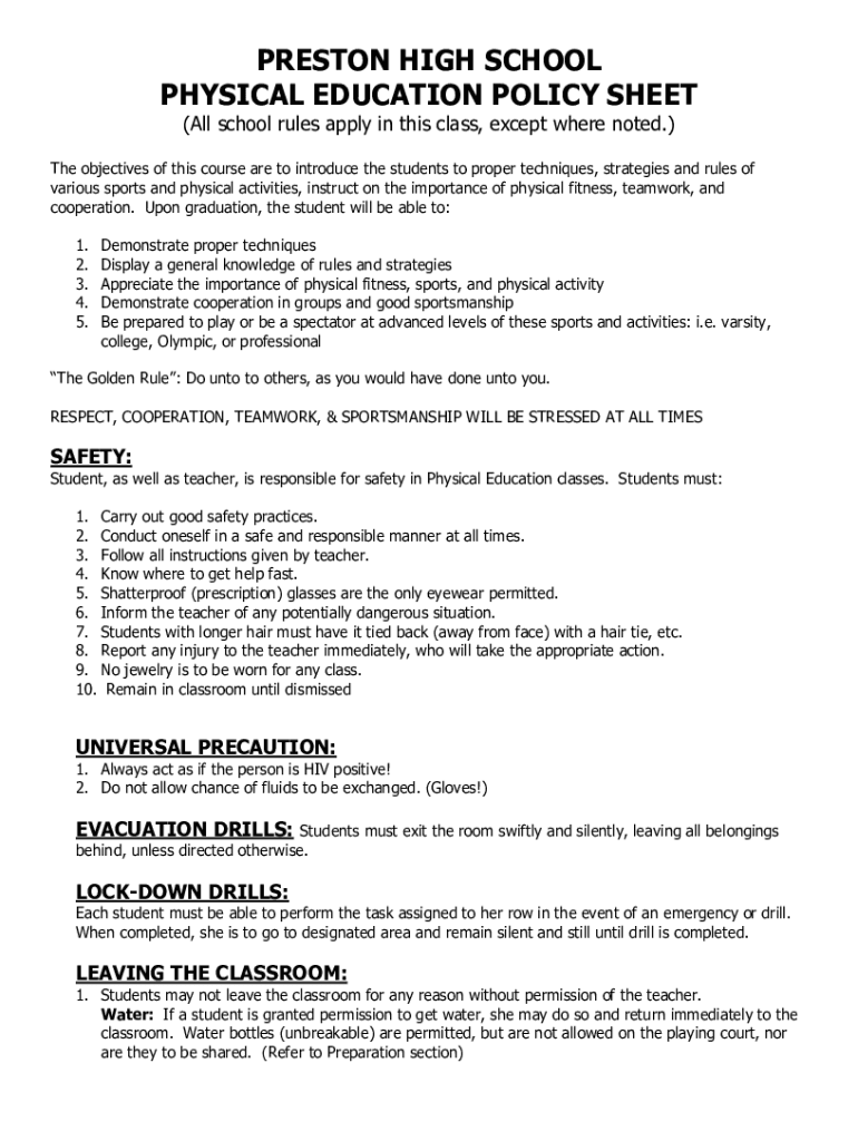 Fillable Online preston high school physical education policy sheet Fax ...