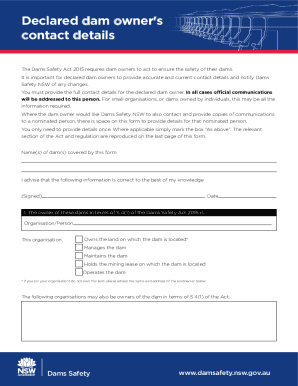 Fillable Online Declared dam owner's contact details - Dams Safety NSW ...