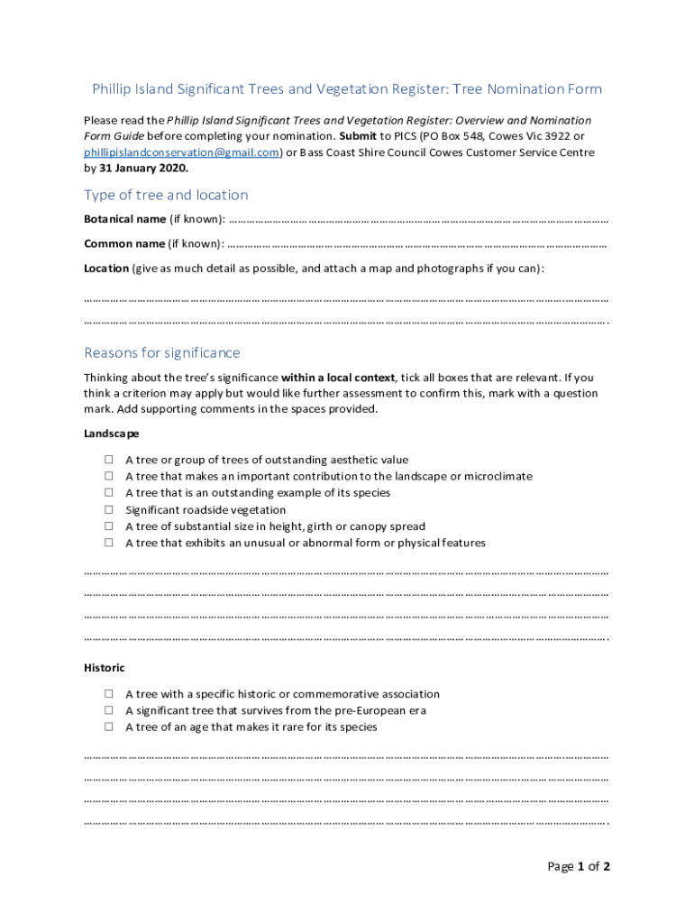Fillable Online picsvictoria org Vegetation Area Nomination Form Fax ...