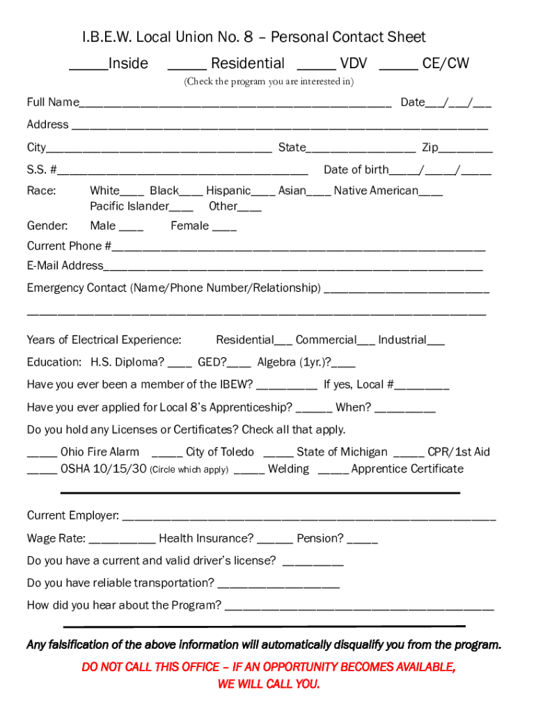 Fillable Online Personal Contact Sheet InsideResidential Fax Email ...