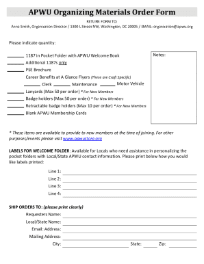 Fillable Online APWU Organizing Materials Order Form Fax Email Print ...