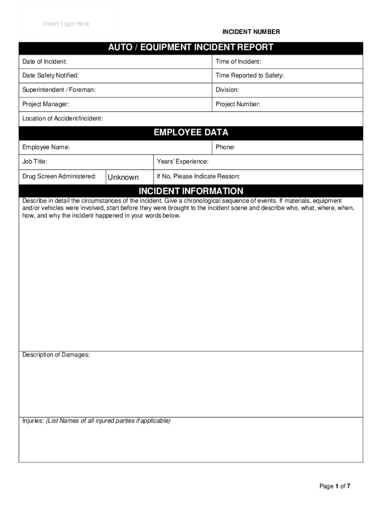 Fillable Online AUTO / EQUIPMENT INCIDENT REPORT EMPLOYEE DATA ... Fax ...
