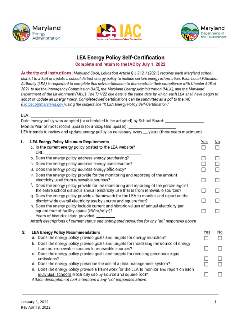 Fillable Online LEA Energy Policy Template - MD Public School ...