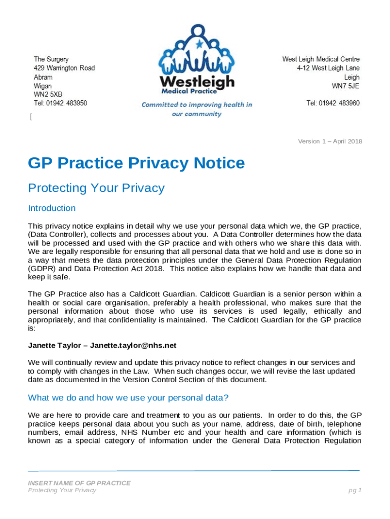 GP Practice Privacy Notice Protecting Your Privacy Doc Template | pdfFiller