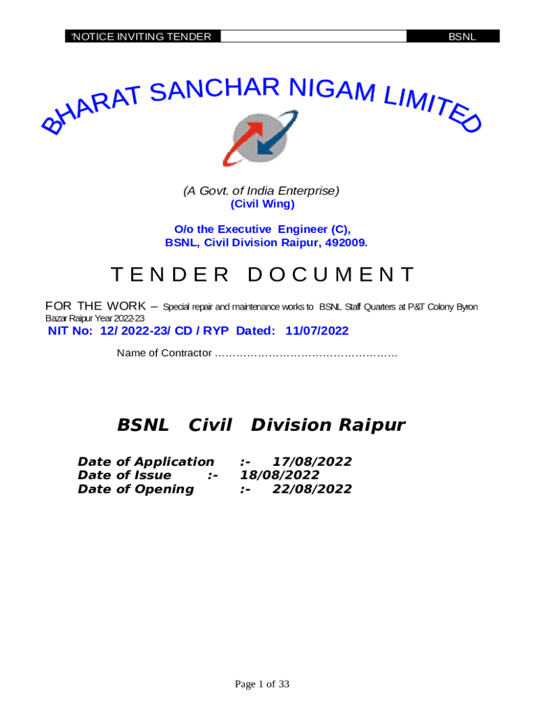 'NOTICE INVITING TENDER Doc Template | pdfFiller