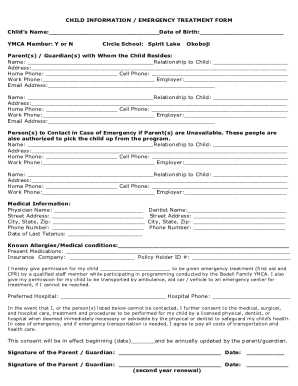 Fillable Online CHILD INFORMATION / EMERGENCY TREATMENT FORM Fax Email Print - pdfFiller