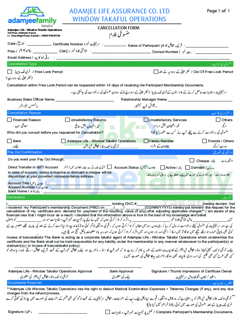 Fillable Online Canellation Form- Takaful - Adamjee Life Fax Email ...