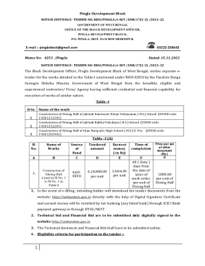 Fillable Online Notice Inviting Tender for Pingla Block Development ...