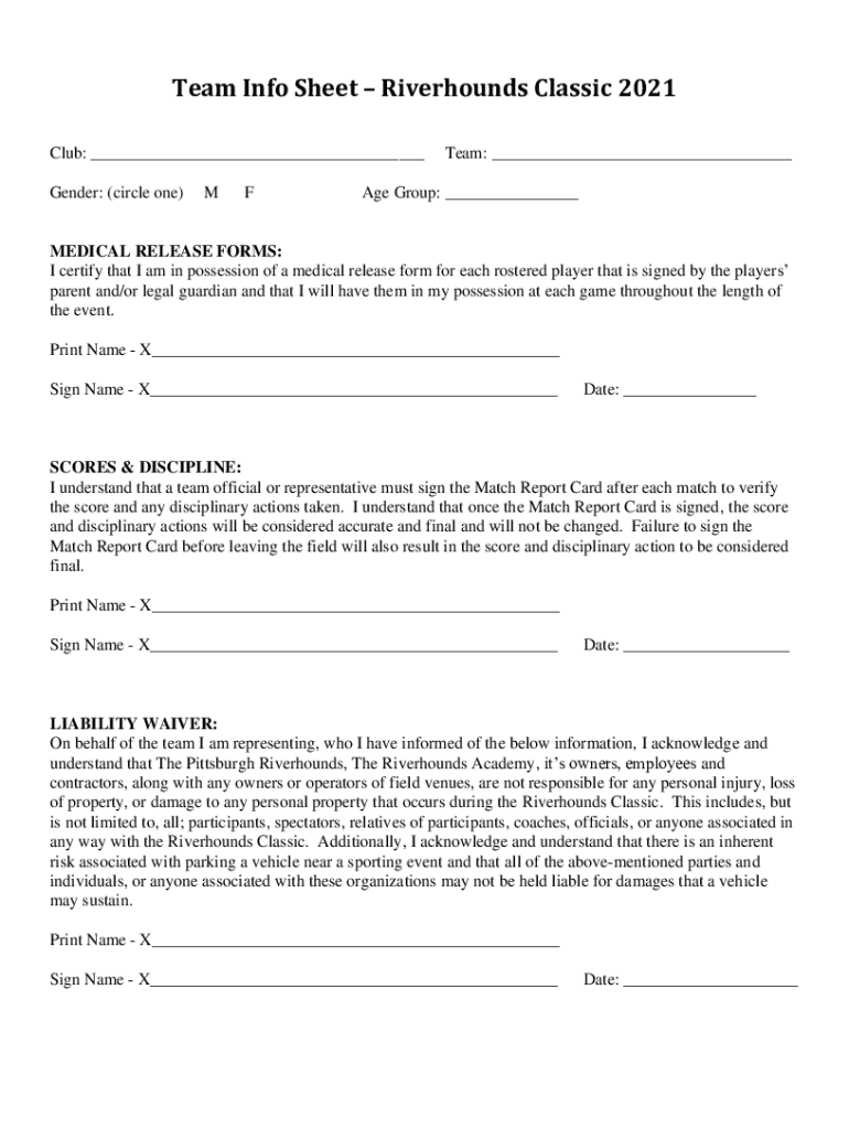 Fillable Online Team Info Sheet Riverhounds Classic 2021 Fax Email ...