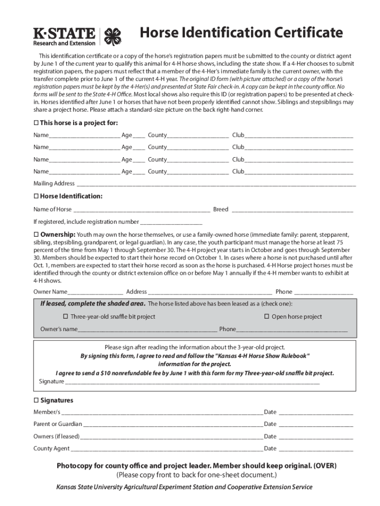 Fillable Online P1039 Horse Identification Certificate - Meadowlark ...