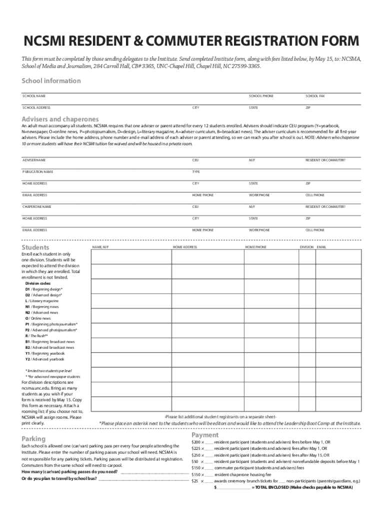 Fillable Online ncsma unc NCSMI RESIDENT & COMMUTER REGISTRATION FORM ...