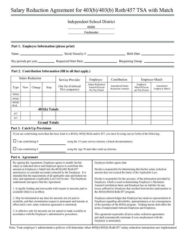 Fillable Online SALARY REDUCTION AGREEMENT FOR 403(b)/403(b)Roth/457 ... Fax Email Print - pdfFiller