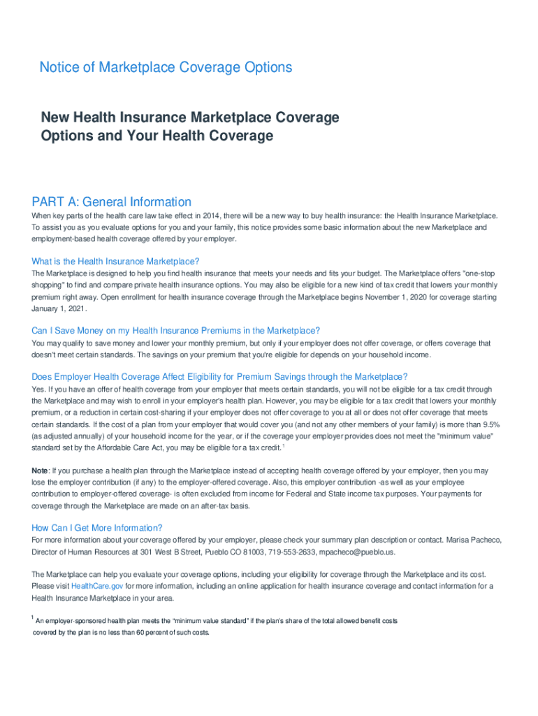 Fillable Online Notice of Marketplace Coverage Options New Health ...