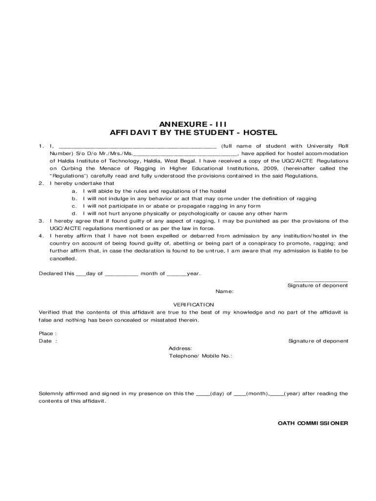 Fillable Online iii affidavit by the student - hostel - Haldia Institute of Technology Fax Email ...