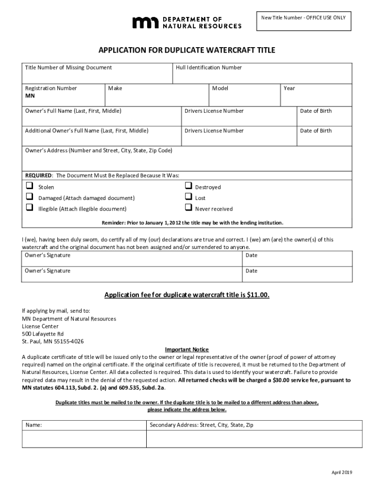 Fillable Online Application for Duplicate Watercraft Title Fax Email ...