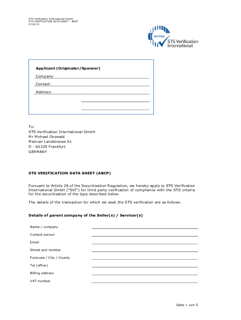Fillable Online DATA SHEET (ABCP) - STS Verification International Fax ...