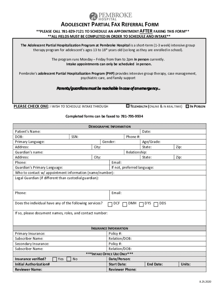 Fillable Online Adolescent Partial Fax Referral FormPembroke Hospital Fax Email Print - pdfFiller
