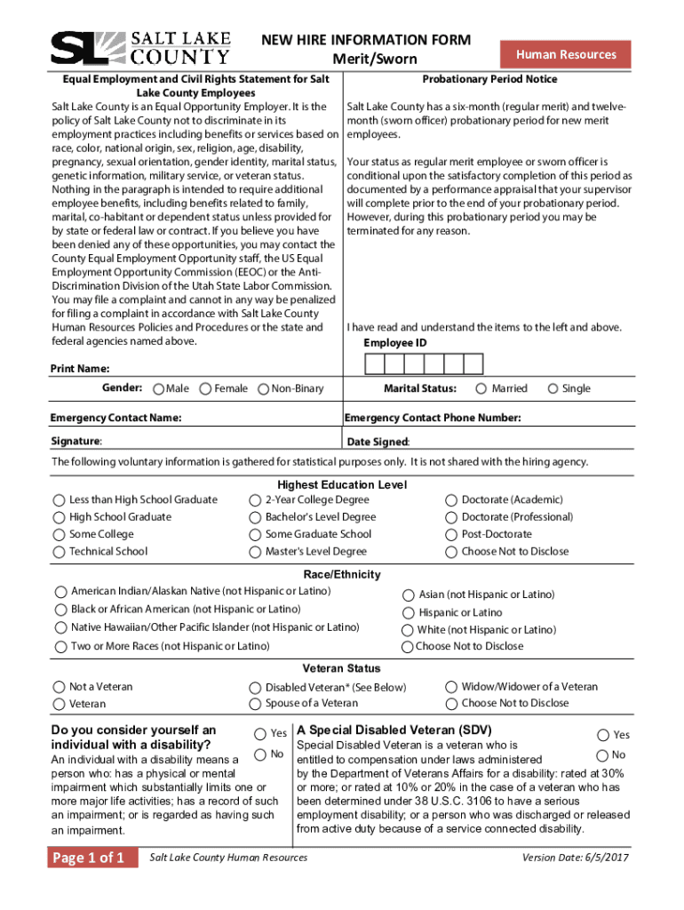 Fillable Online Page 1 of 1 NEW HIRE INFORMATION FORM Merit/Sworn Fax ...
