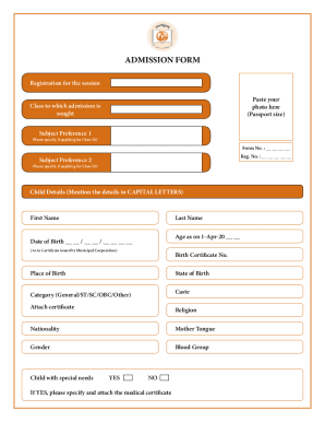 Fillable Online Admission Form: Registration For The Session Class To ...