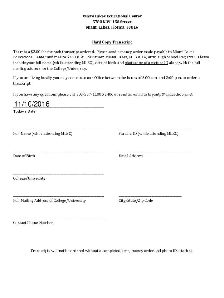 Fillable Online Transcript Request For Graduates - Student Services ...