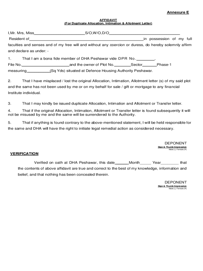 Fillable Online Annexure E-Standard General Mandatory Affidavit ...