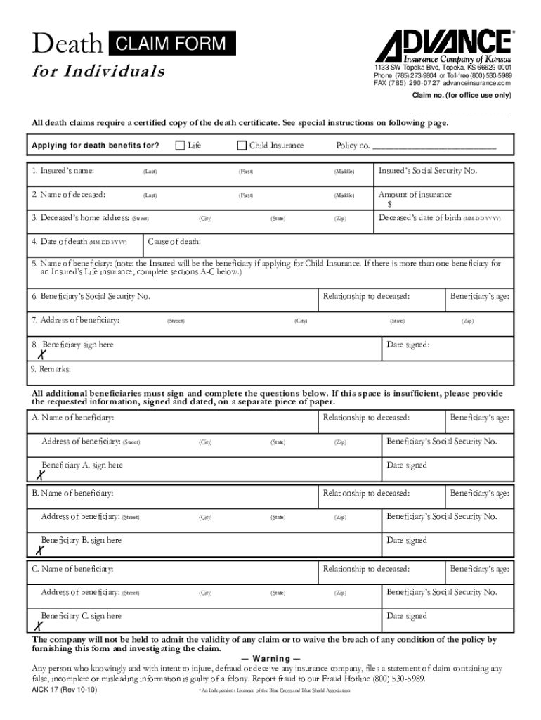 Fillable Online INDIVIDUAL DEATH CLAIM FORM - Alberta Blue Cross Fax ...