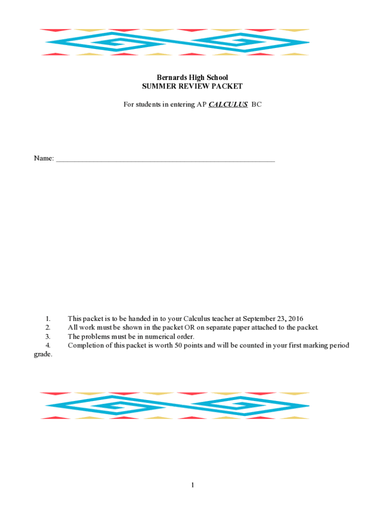 Fillable Online Summer Review Packet For Students Entering AP Calculus ...