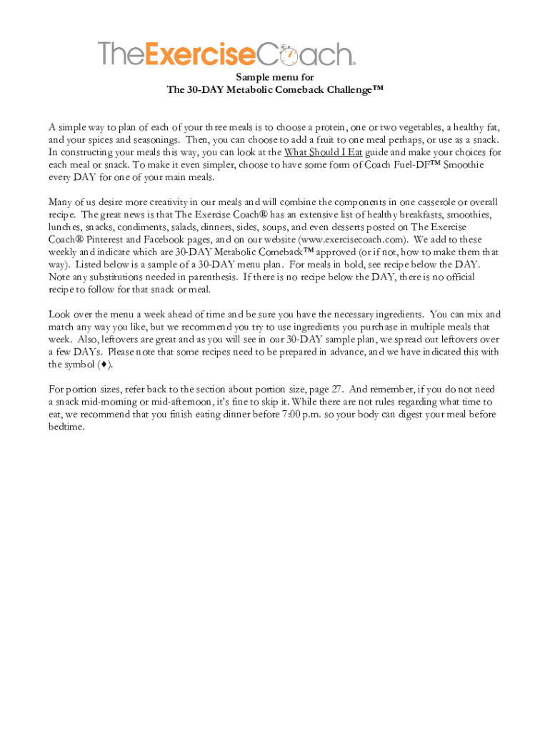 Fillable Online Sample menu for The 30-Day Metabolic Comeback Challenge Fax Email Print - pdfFiller