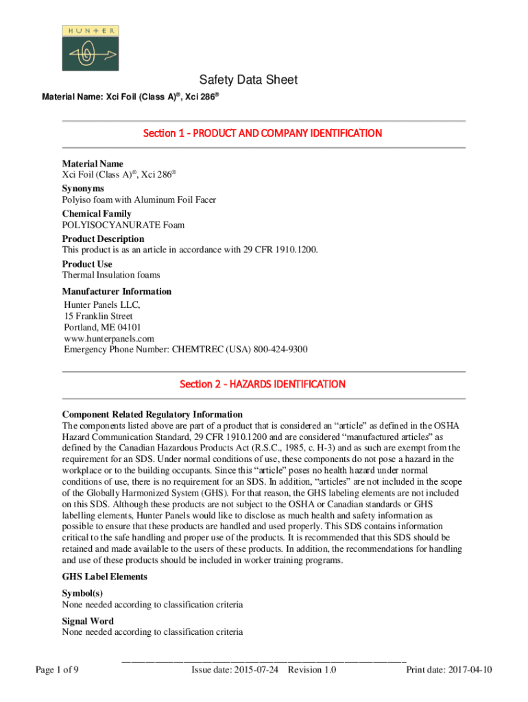 Fillable Online Safety Data Sheet - Hunter Panels Fax Email Print ...