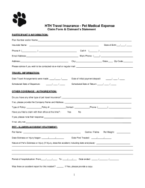 Fillable Online HTH - Pet Medical Expense Claim Form. Roundtrip Fax ...