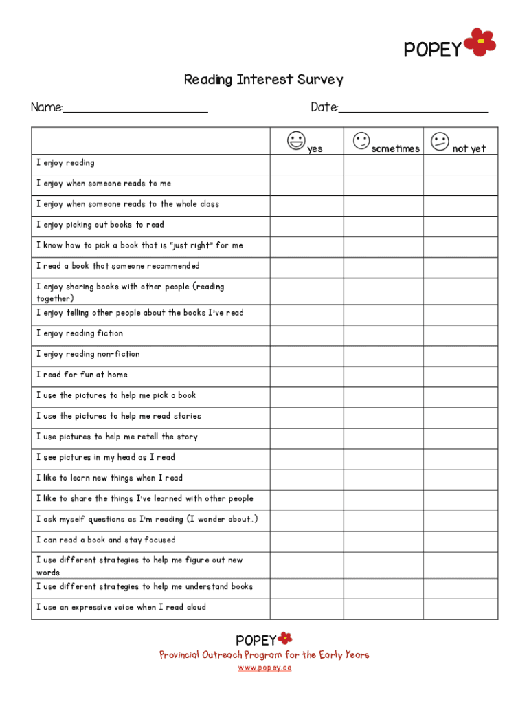 Fillable Online Reading Interest Survey Questions + Sample ...