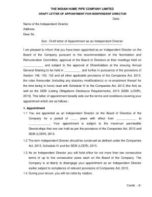 Fillable Online Draft of Appointment Letter for Independent Directors ...